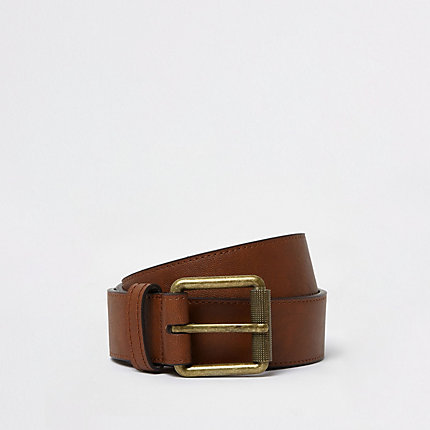 River Island Mens Tan brown square buckle jeans belt | The Fashionisto