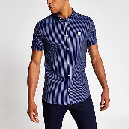 River Island Mens Navy stripe slim fit Oxford shirt | The Fashionisto