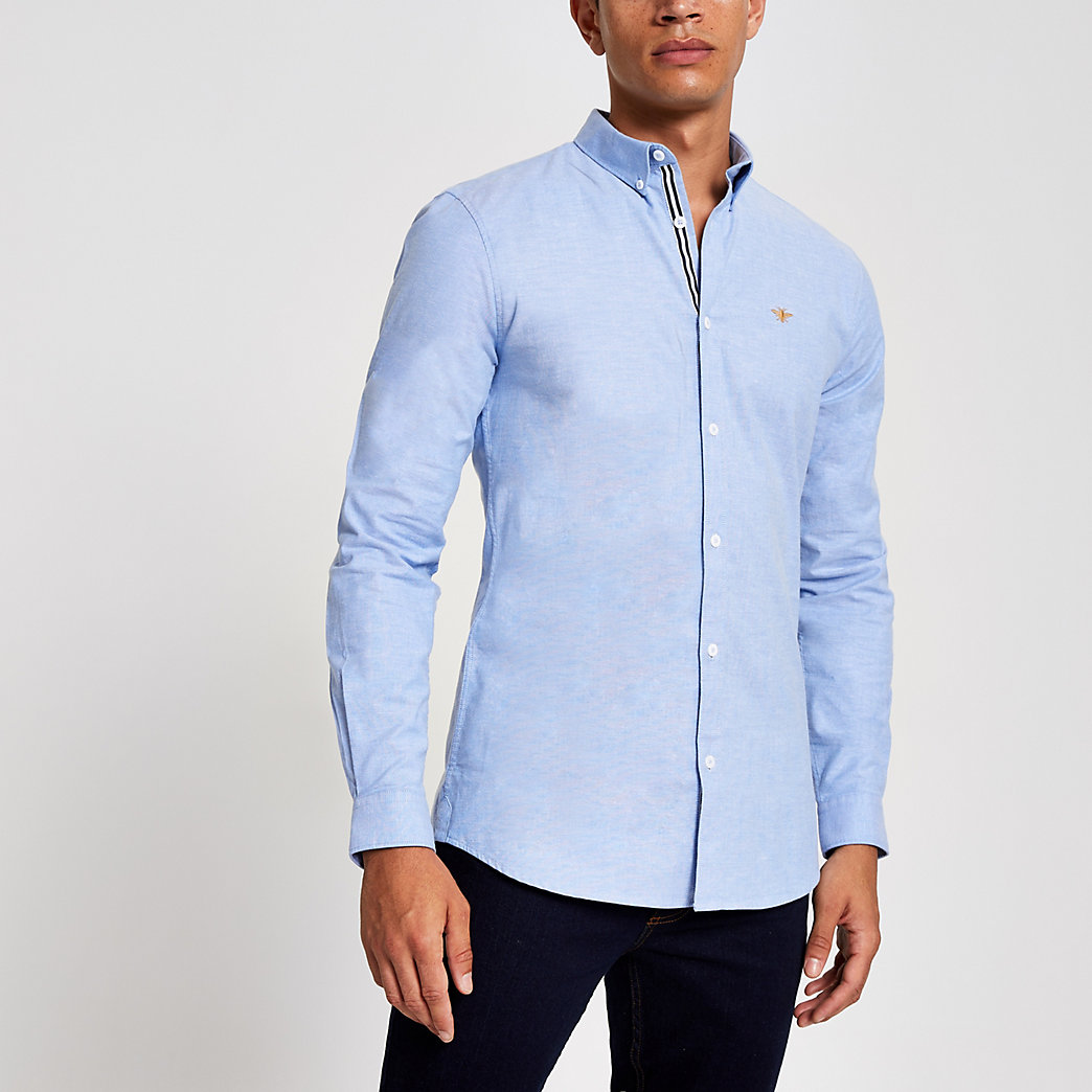 River Island Mens Blue embroidered slim fit Oxford shirt | The Fashionisto