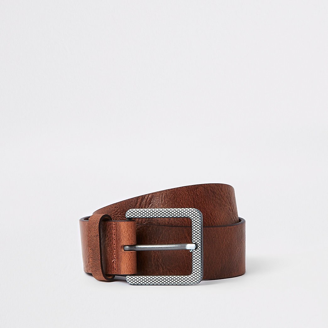 River Island Mens Brown textured square buckle jeans belt | The Fashionisto