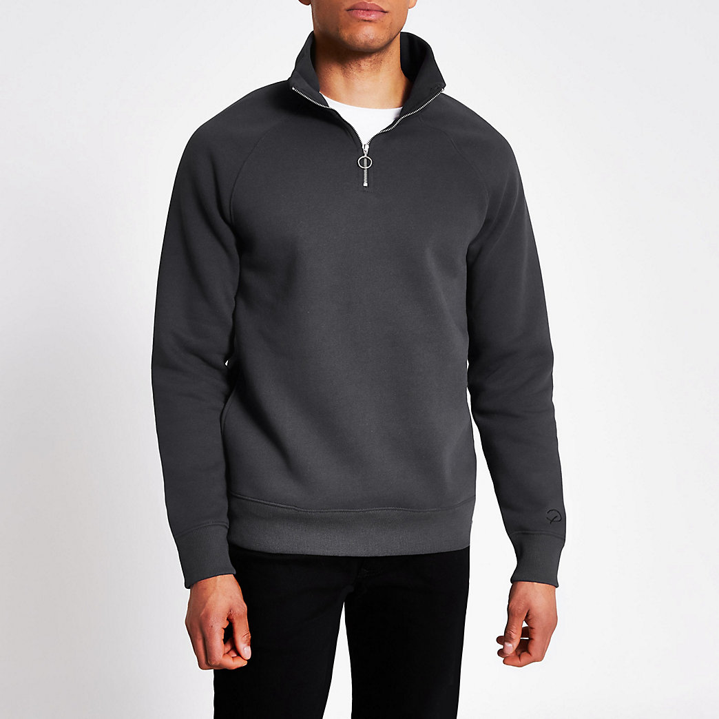 River Island Mens Grey half zip slim fit sweatshirt | The Fashionisto