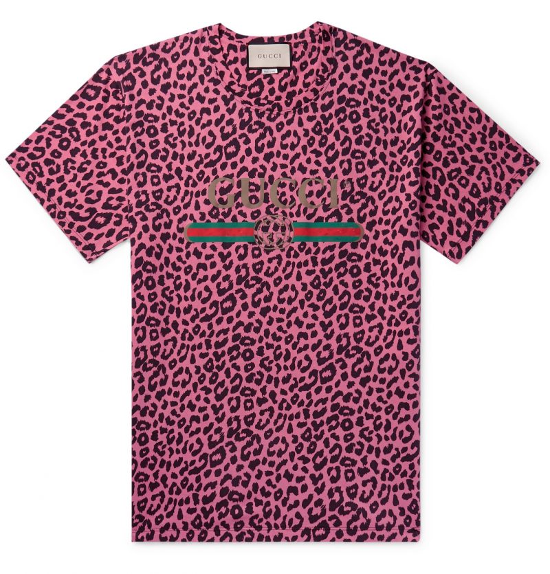 Gucci Logo And Leopard Print Cotton Jersey T Shirt Men Pink The