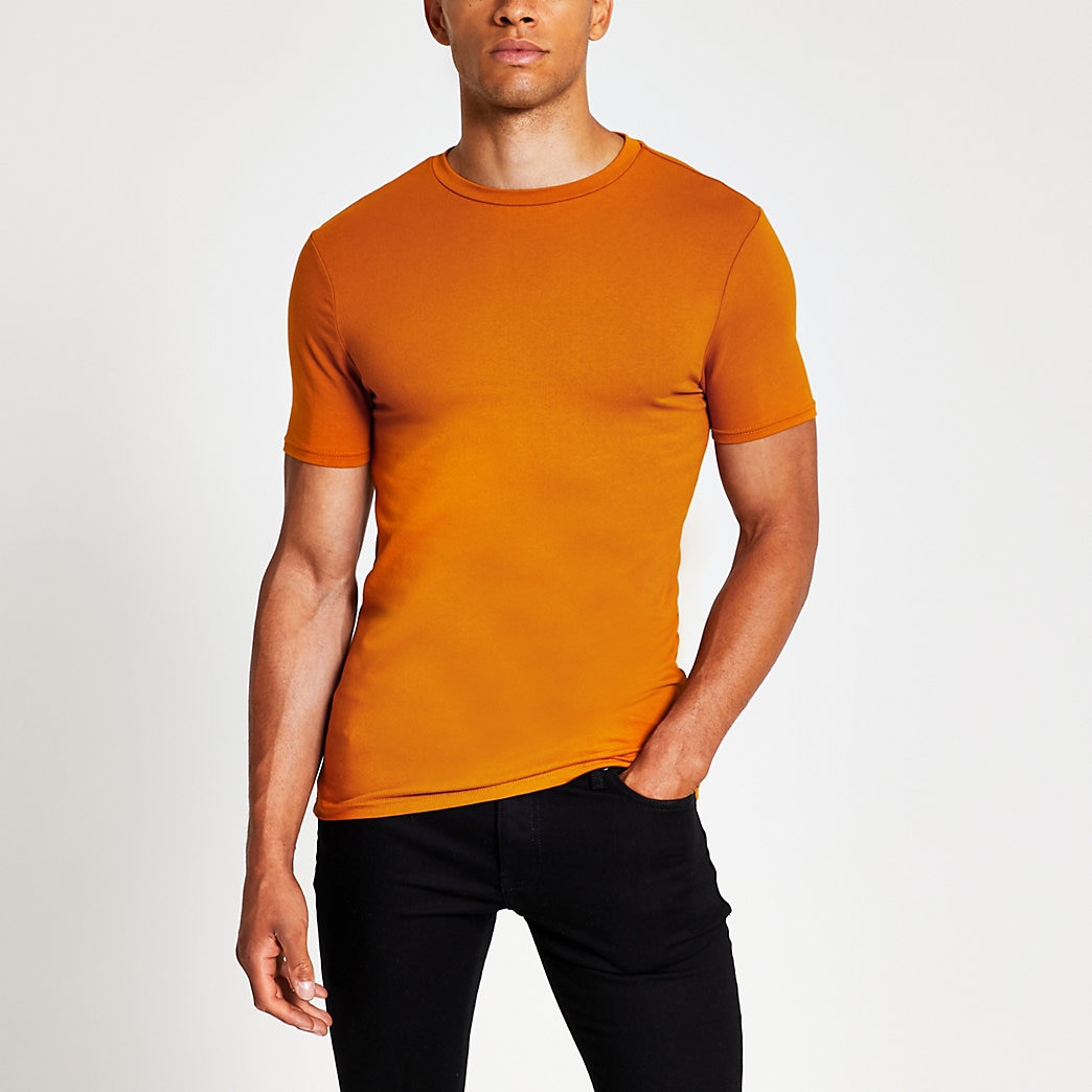 River Island Mens Orange muscle fit crew neck T-shirt | The Fashionisto