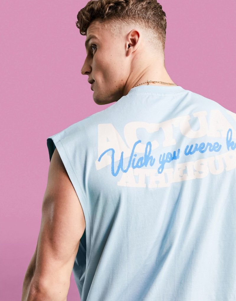 ASOS Actual Athleisure oversized sleeveless T-shirt with front and back logo prints in light ...