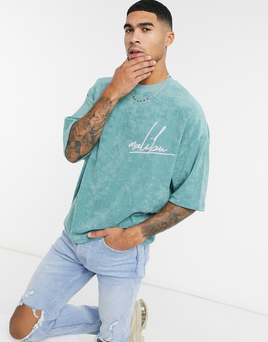 Asos Design Oversized Graphic Textured Towelling T Shirt In Mineral