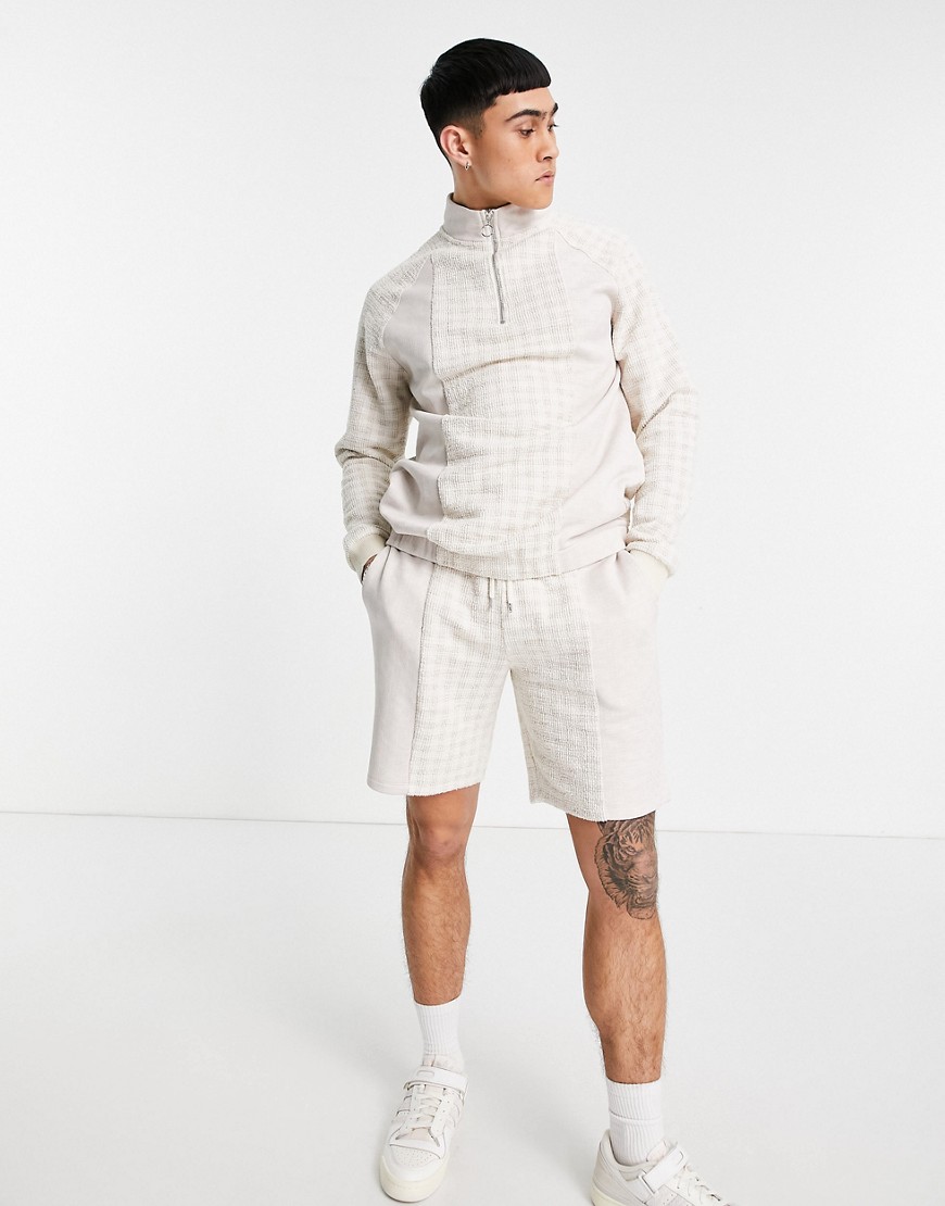 ASOS DESIGN smart set slim shorts with textured check panels-Neutral ...