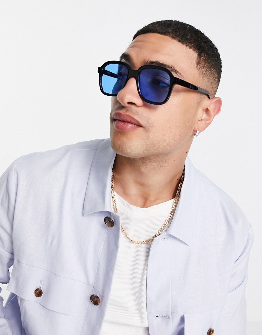 ASOS DESIGN square sunglasses in black with blue lens and gunmetal ...